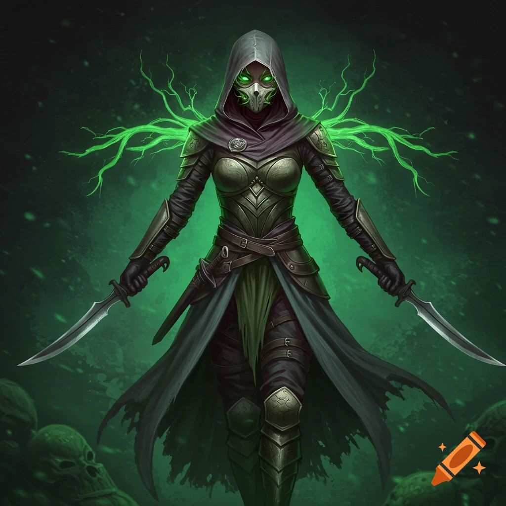 Woman poisoner assassin with emerald eyes, masked and hooded, dual ...