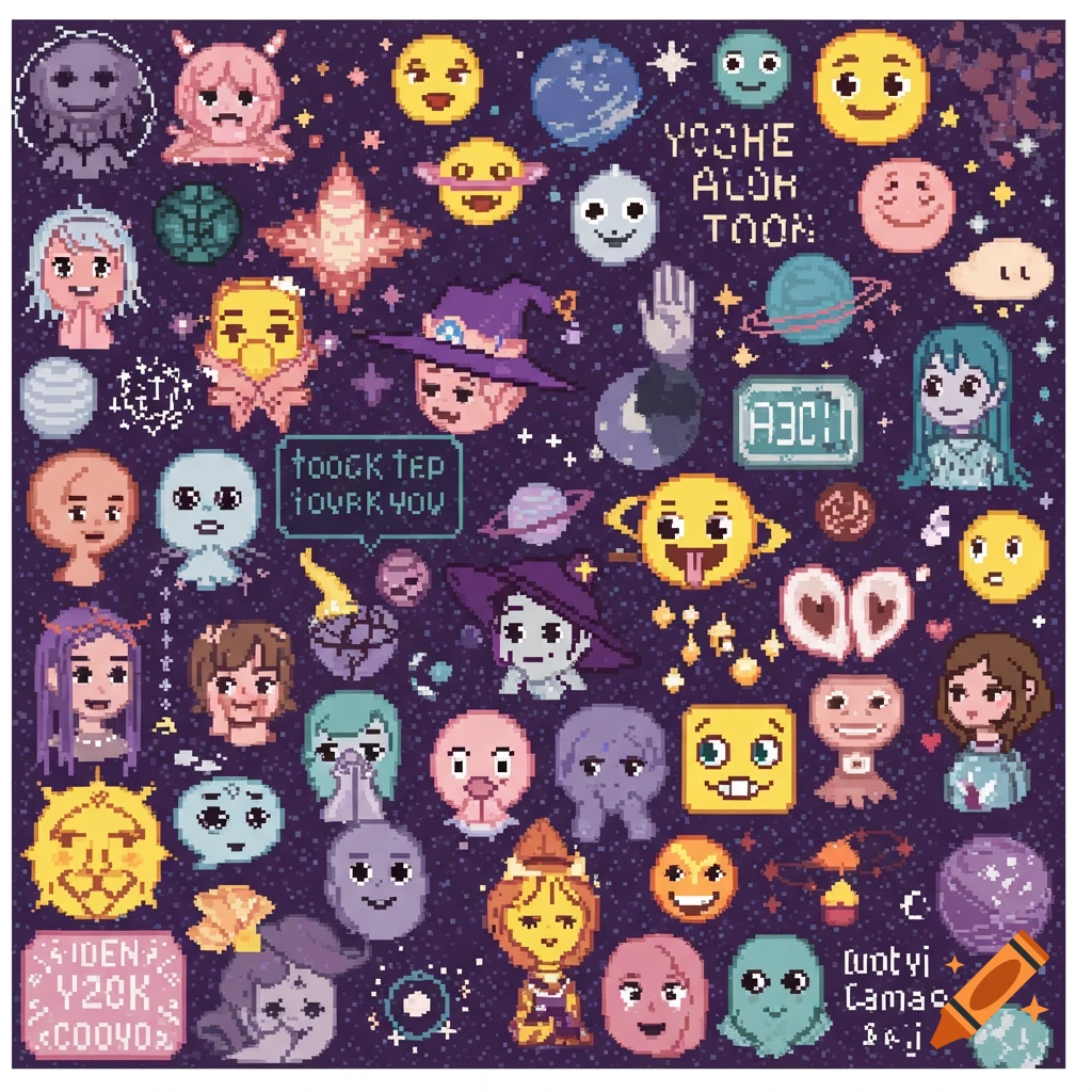 Y2K themed pixel art emojis with space, emotions, and witchcraft themes ...