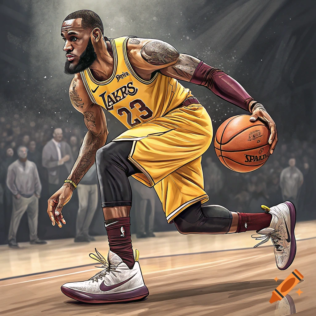 Cartoon illustration of LeBron James dribbling a basketball on an ...