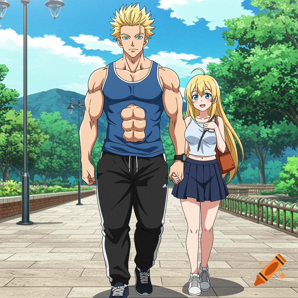 Buff anime man on a date on Craiyon