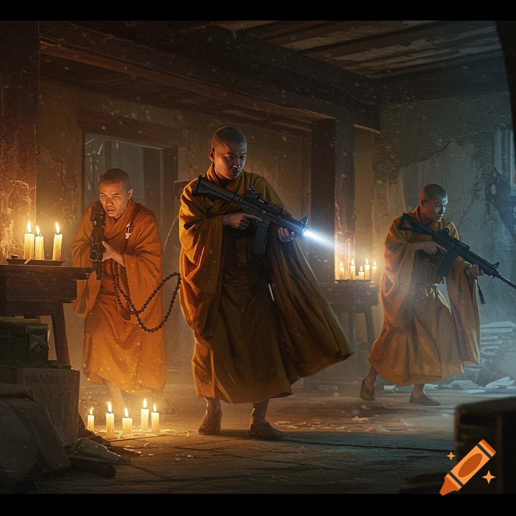 Buddhist monks in special forces breaching a dingy compound room. on ...