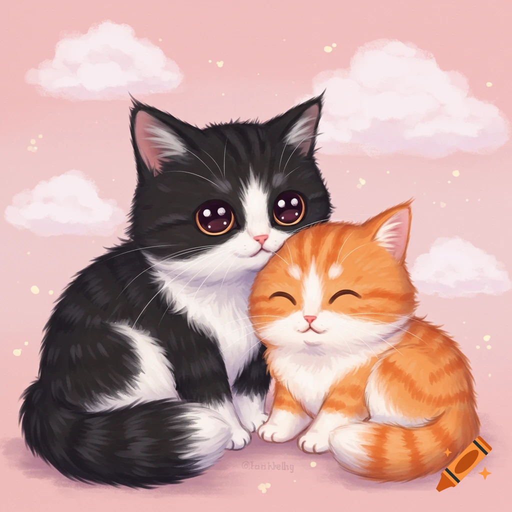 Black and white cat with orange and white cat together on Craiyon