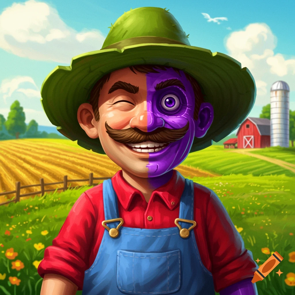 Whimsical farmer with half a purple face, winking, in a sunny farm ...