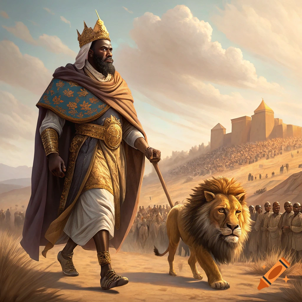 Mansa Musa with lion cub and pilgrimage procession on Craiyon