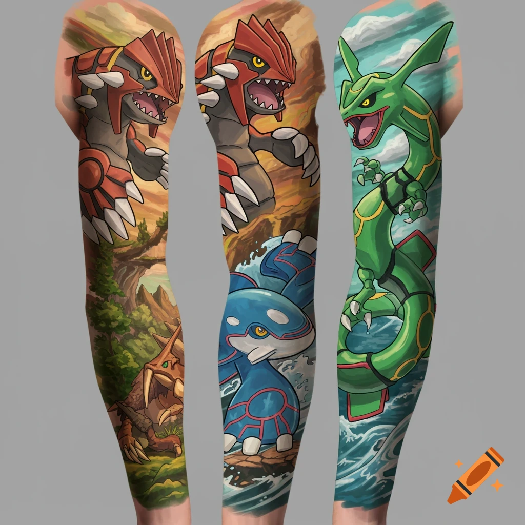 Pokemon legendary trio Groudon, Kyogre, and Rayquaza depicted as sleeve tattoos on arms. on Craiyon