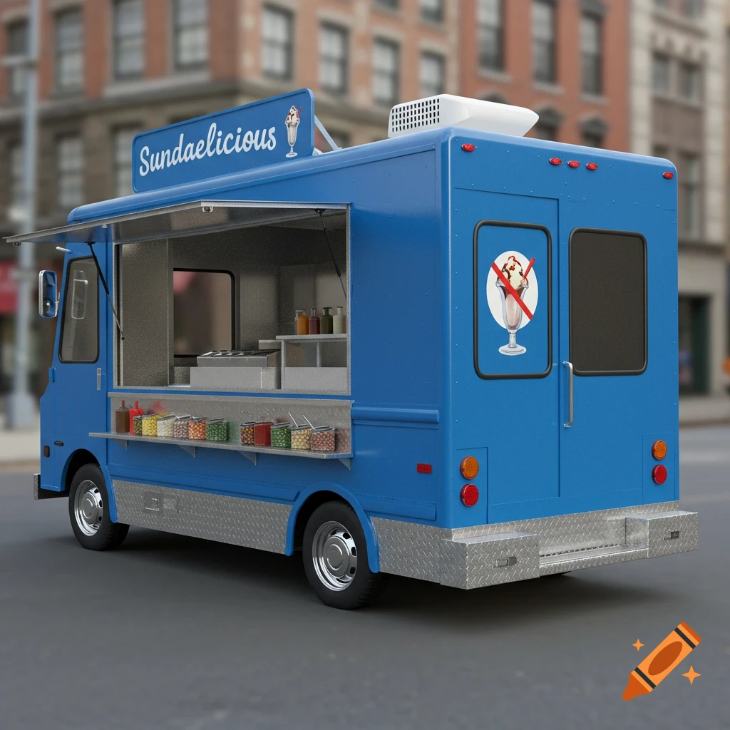 Realistic blue sundae food truck with no ice cream decals. on Craiyon