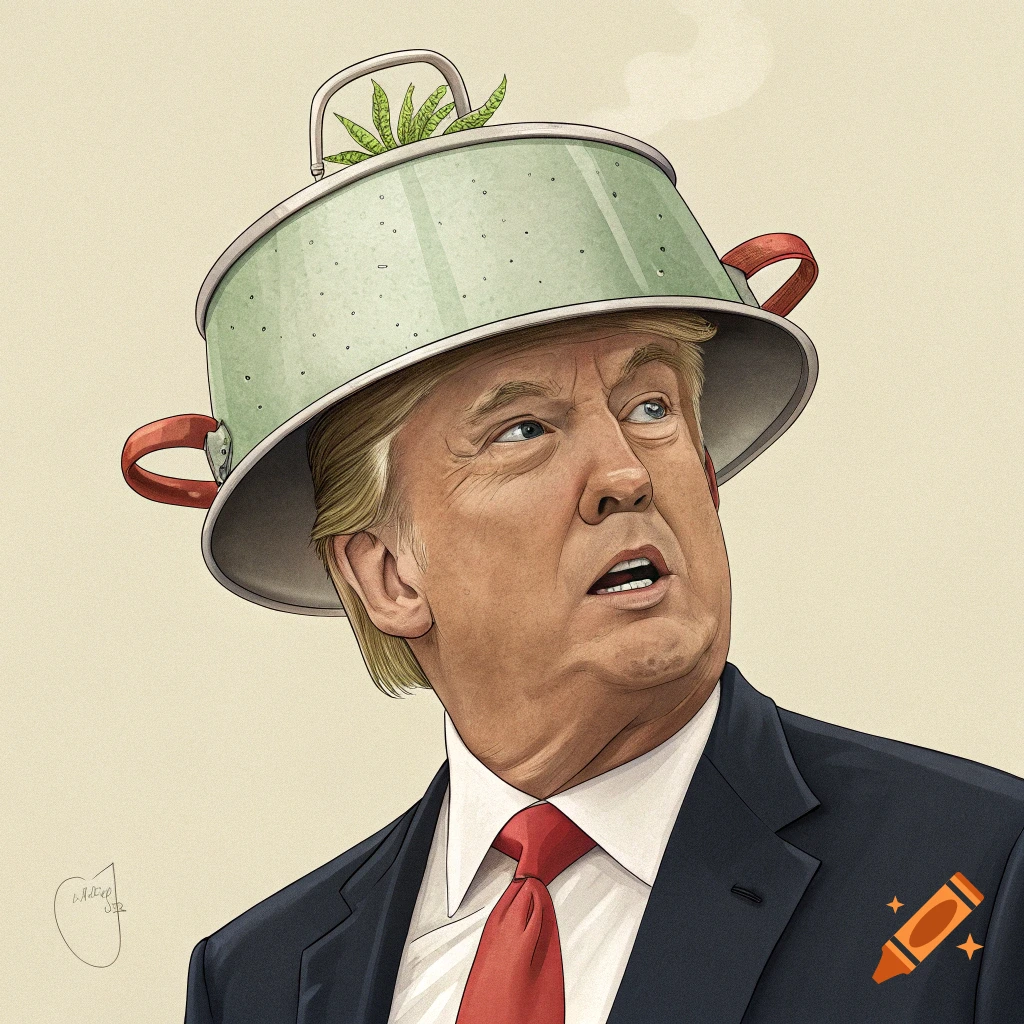 Illustration of a caricature of Donald Trump wearing a green colander ...