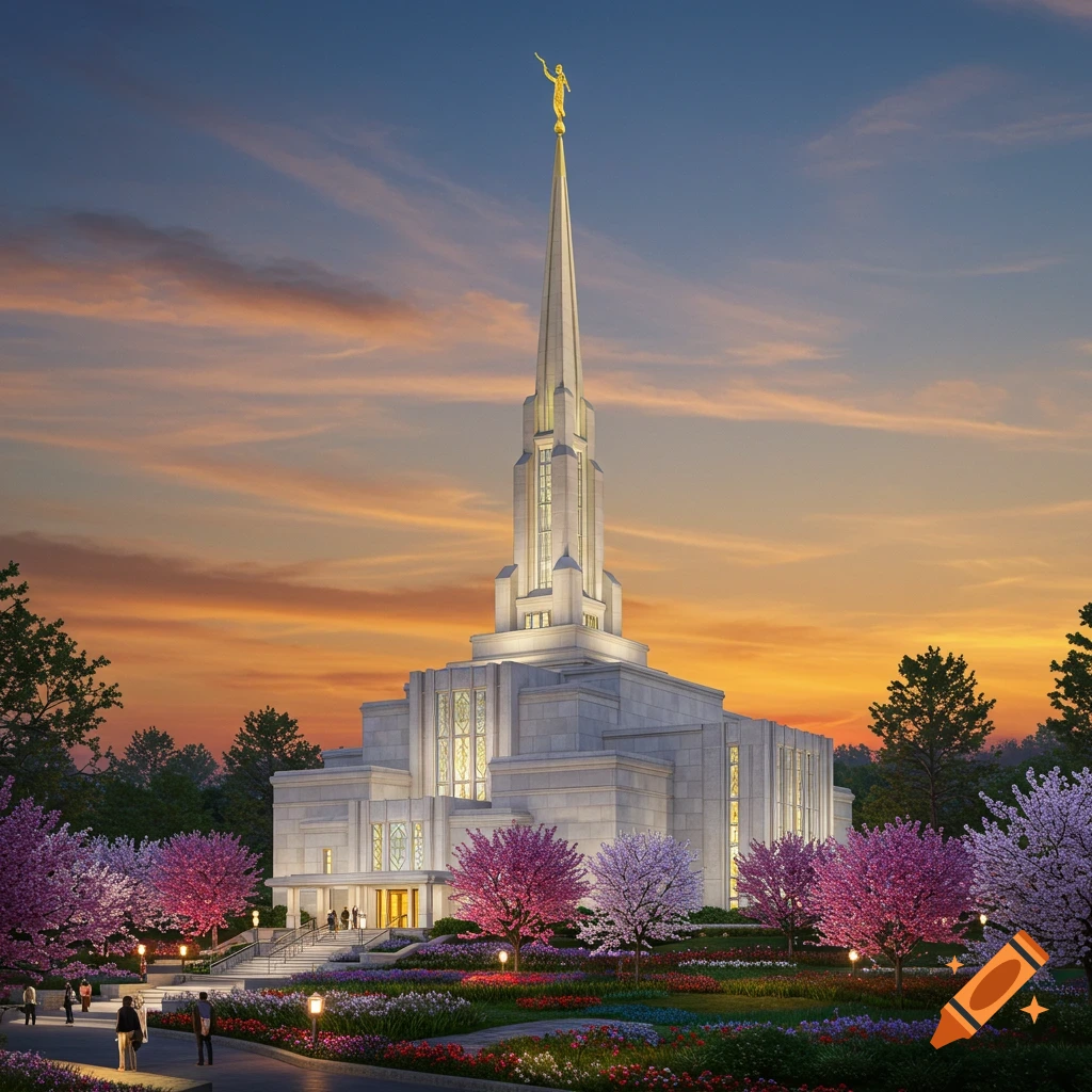 A modern temple building with a tall spire, surrounded by flowering ...