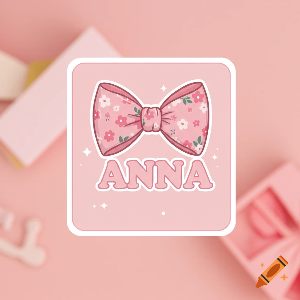 A pink square sticker with a floral pink bow and the name ANNA. on Craiyon