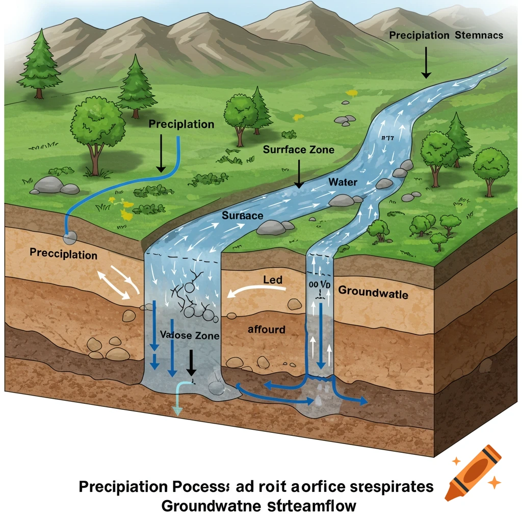 Cross-section 2D diagram of precipitation, surface water, and ...