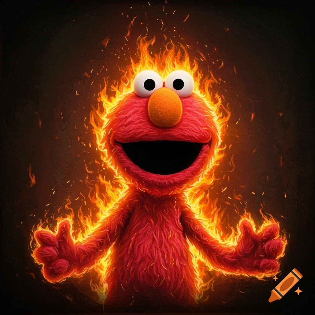 Elmo engulfed in vibrant flames. on Craiyon