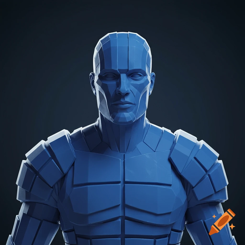 Blue beveled character with square armor on Craiyon
