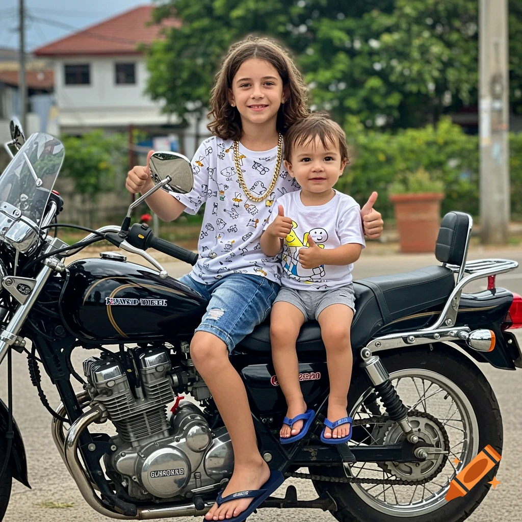 Brazilian boy on motorcycle with baby brother on Craiyon