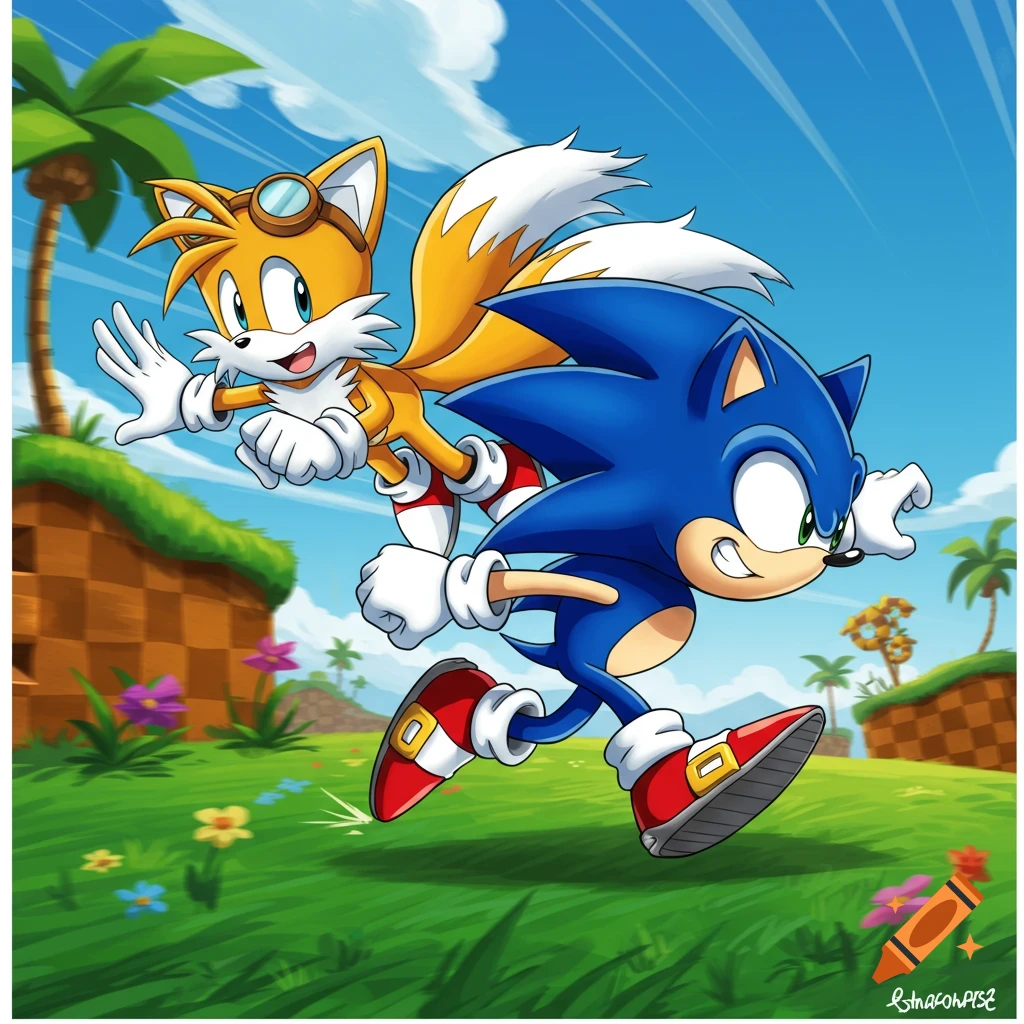 Tails the fox flies while carrying Knuckles the echidna over a lush ...