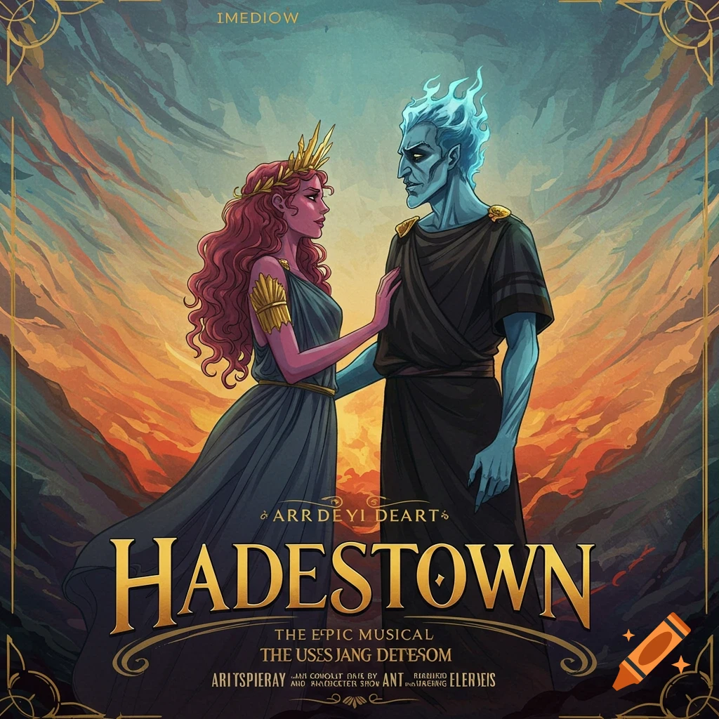 Poster of Persephone and Hades from Hadestown against a fiery sunset ...