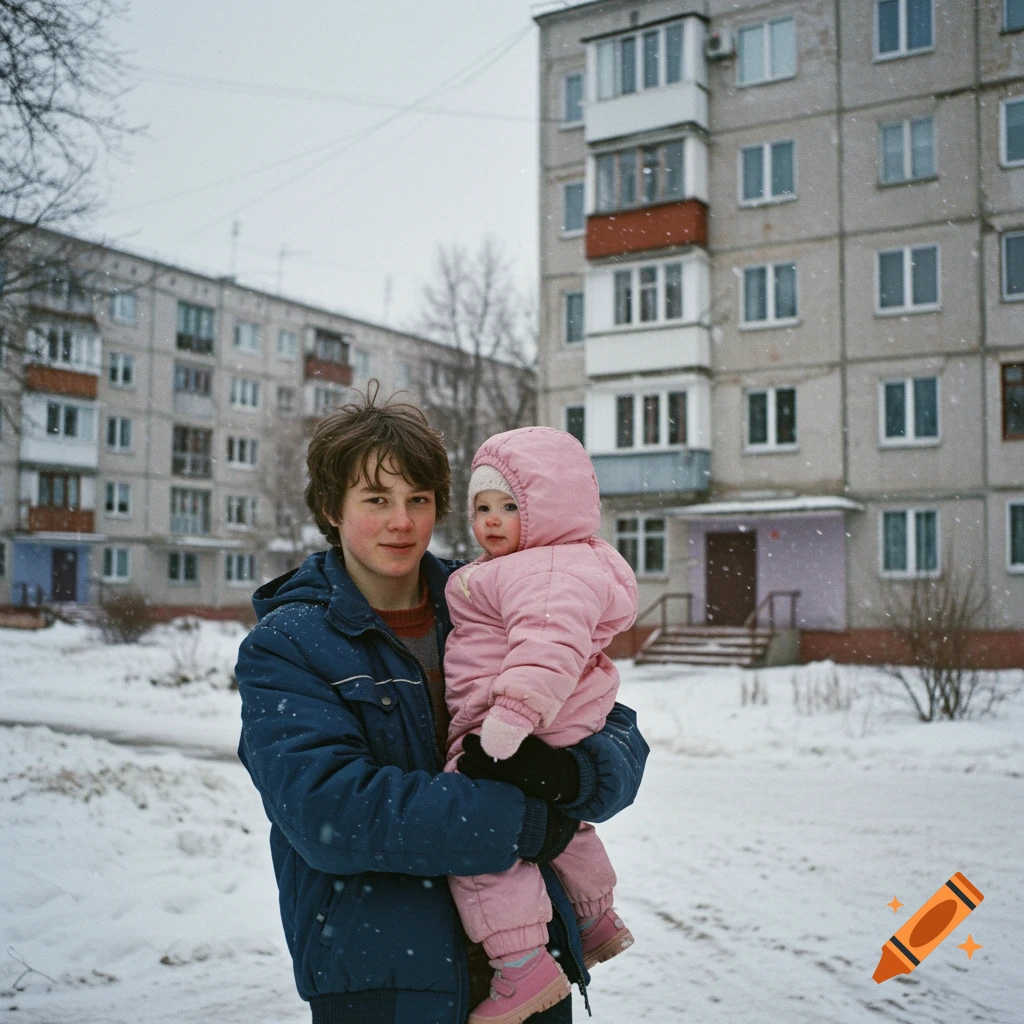 Russian teenage boy holding his sister in snowy Soviet setting on Craiyon