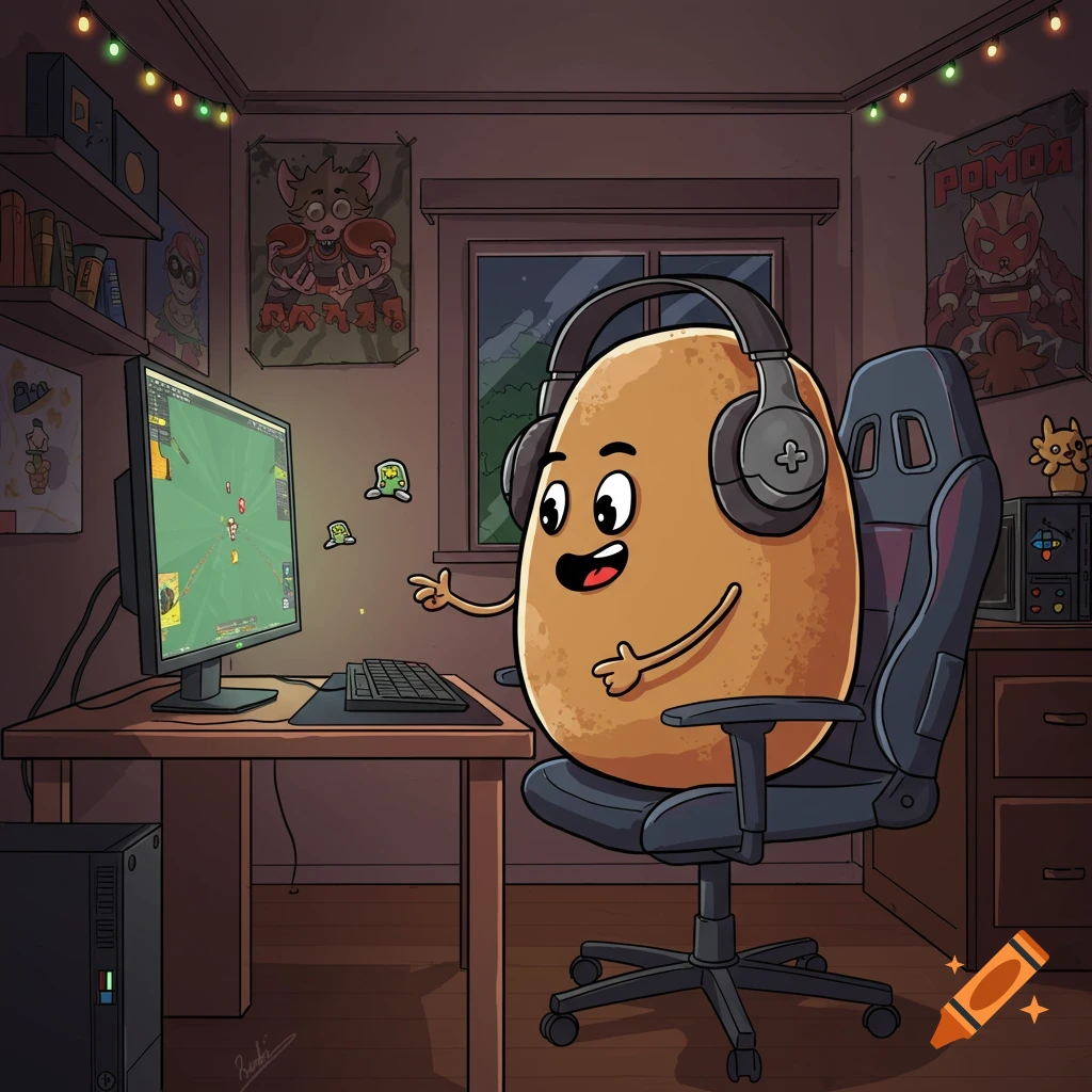 Cartoon gaming potato with headphones on PC on Craiyon
