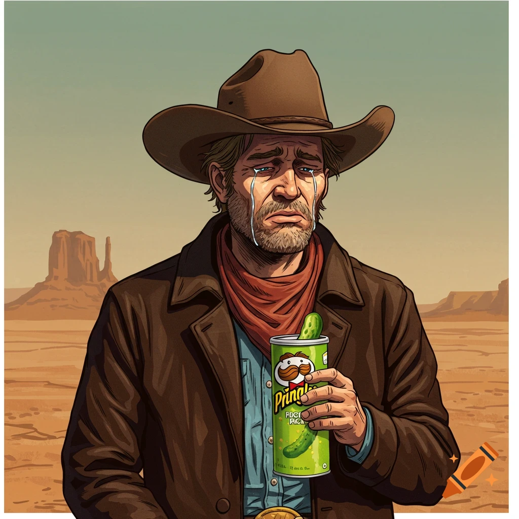 Digital painting of a crying cowboy holding a Pringles can with a ...
