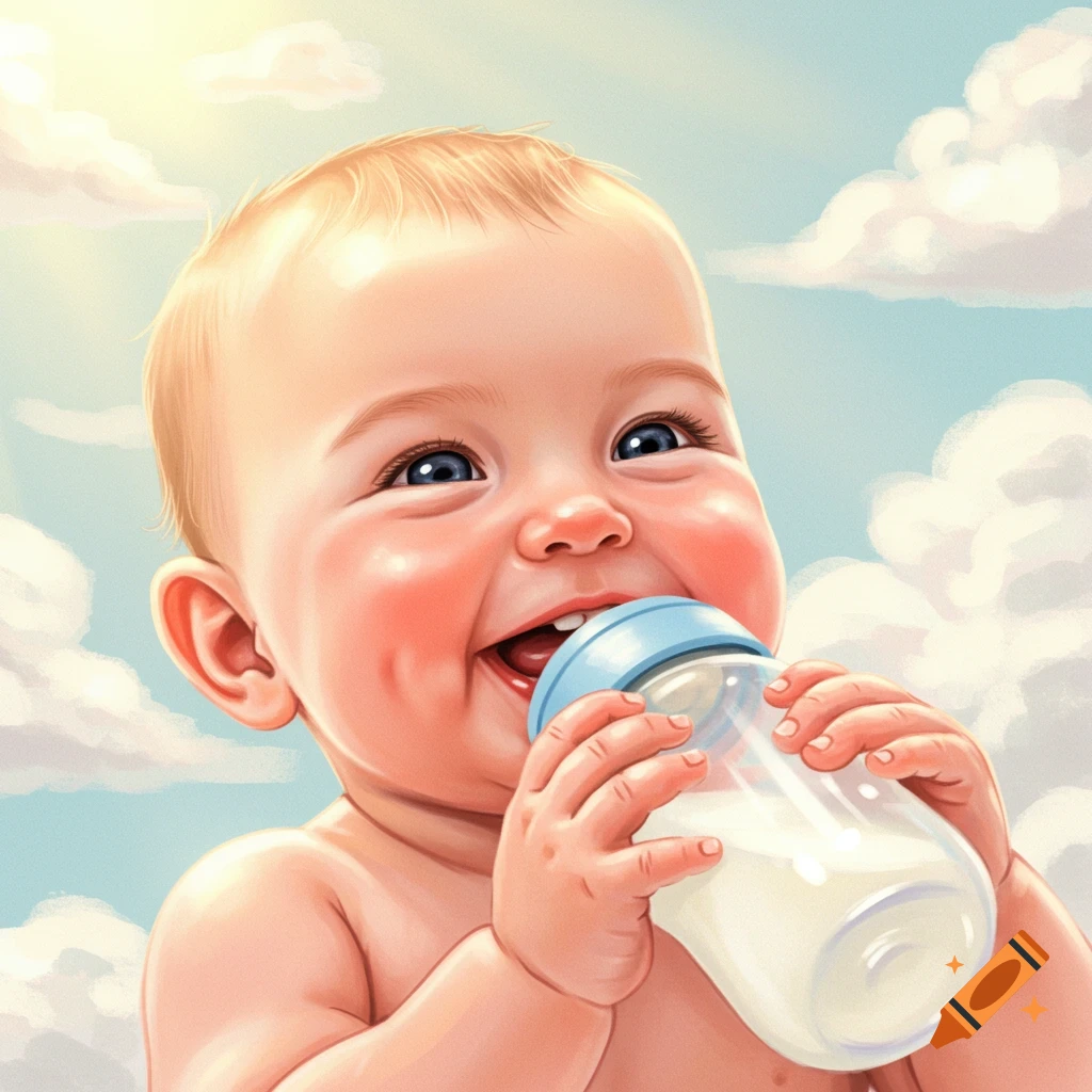 A smiling baby drinks milk from a bottle under a cloudy sky. on Craiyon