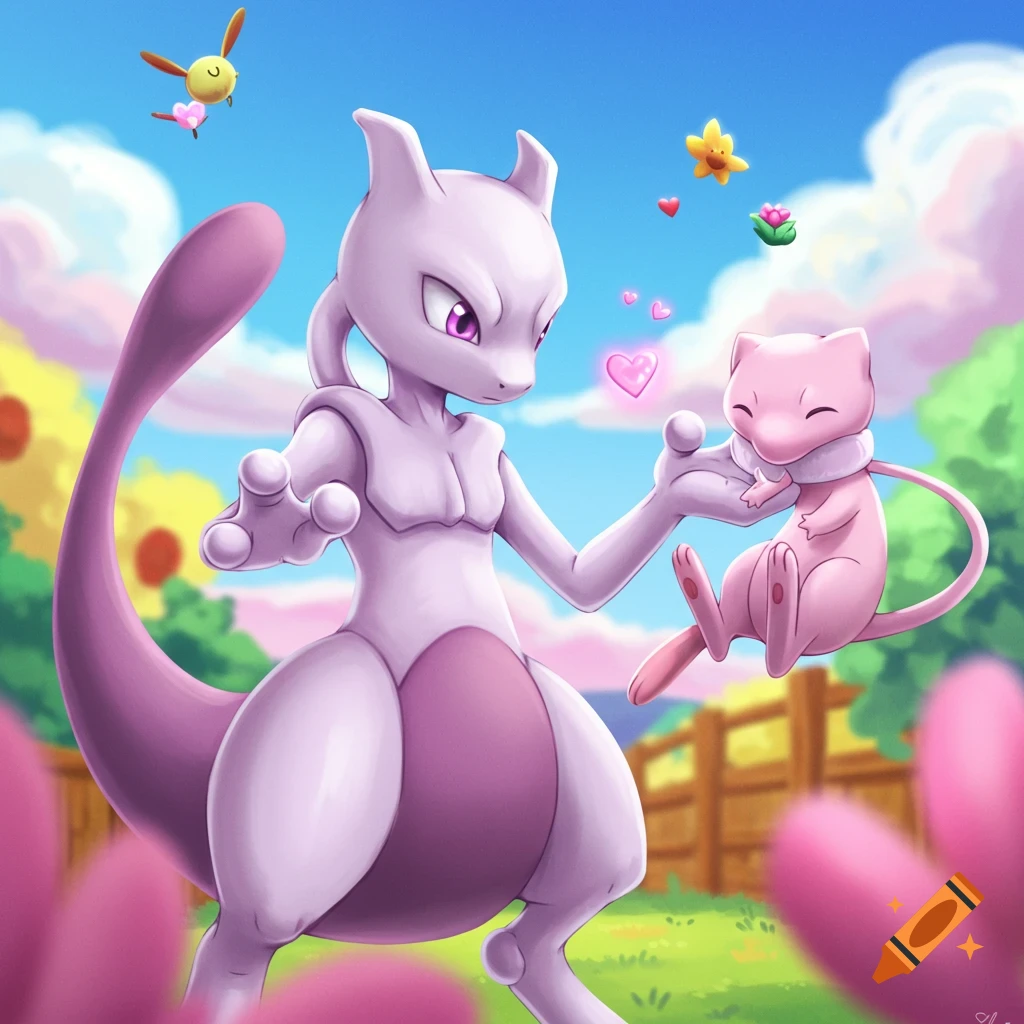 Mewtwo and Mew cartoon on Craiyon