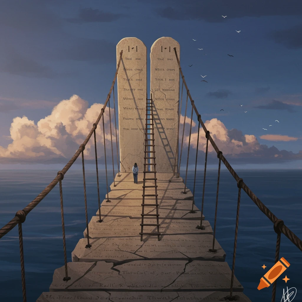 Bridge made of the Ten Commandments, broken ladder on Craiyon