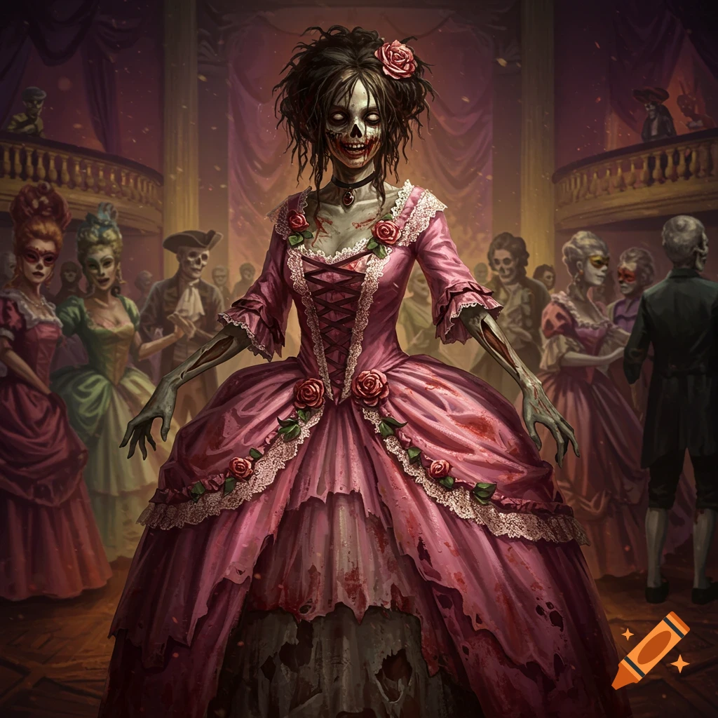 Painting of a female zombie in a pink dress at a ball. on Craiyon
