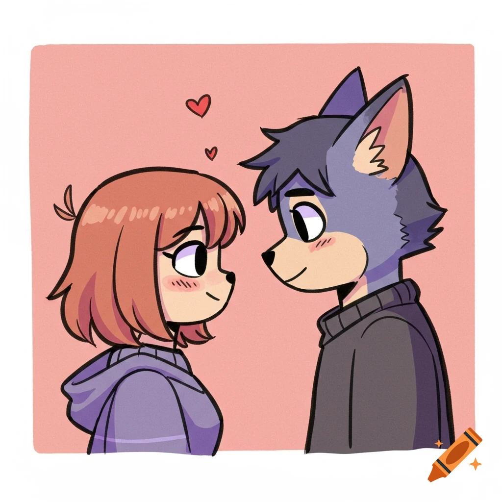 Cartoon drawing of an anthropomorphic wolf and a girl looking at each ...