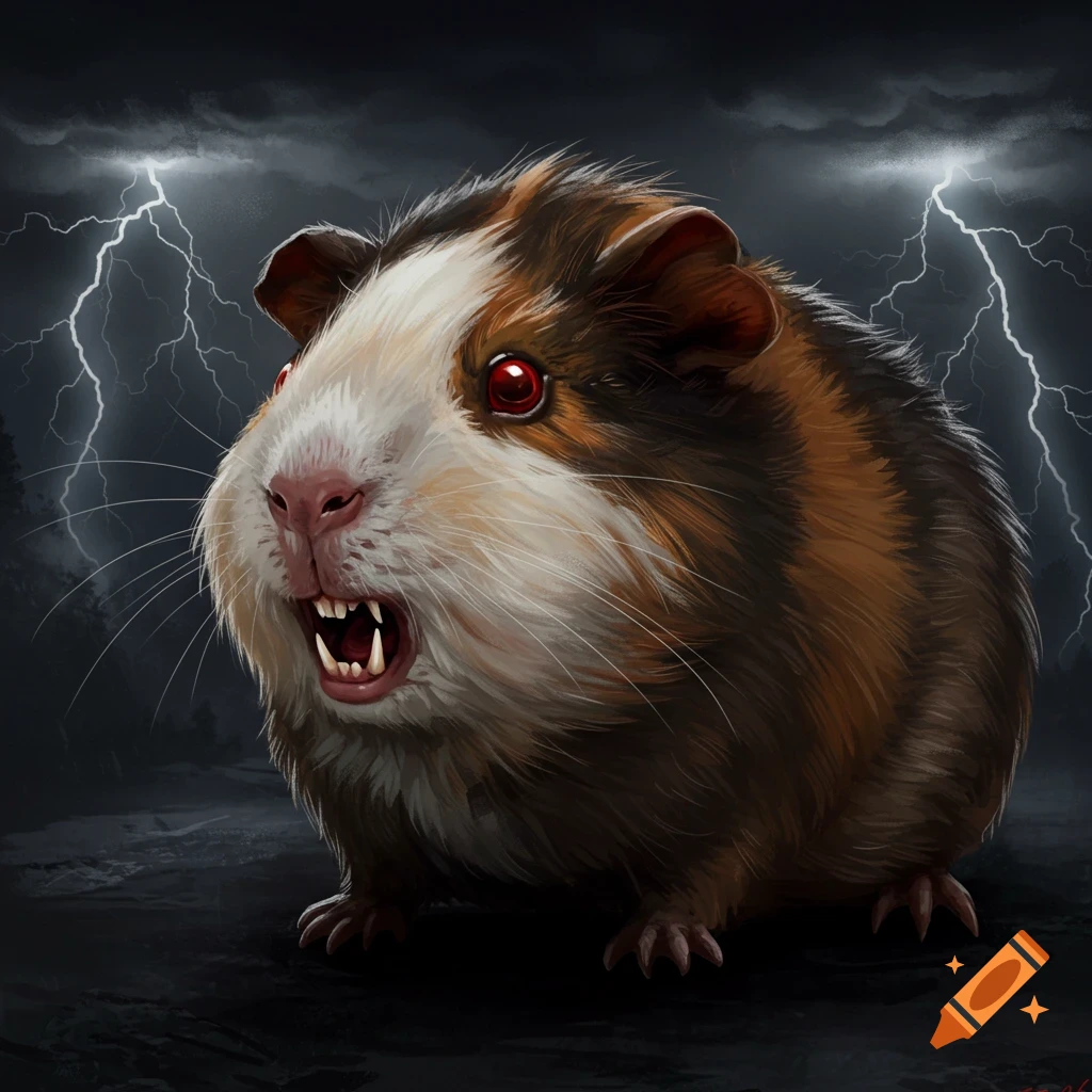 A scary guinea pig with fangs and red eyes during a thunderstorm with ...