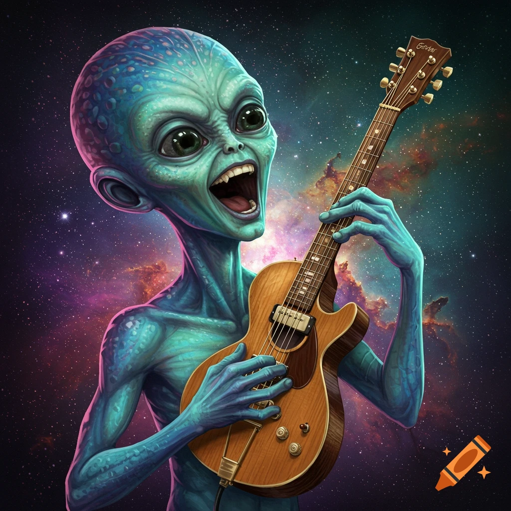 Painting of a sci-fi Alien creature playing an acoustic guitar, with ...