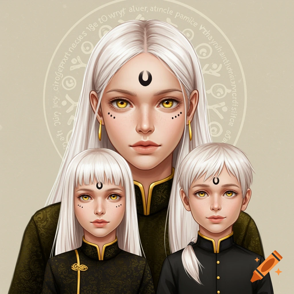 Image of a family: a mother and two children with white hair, yellow ...
