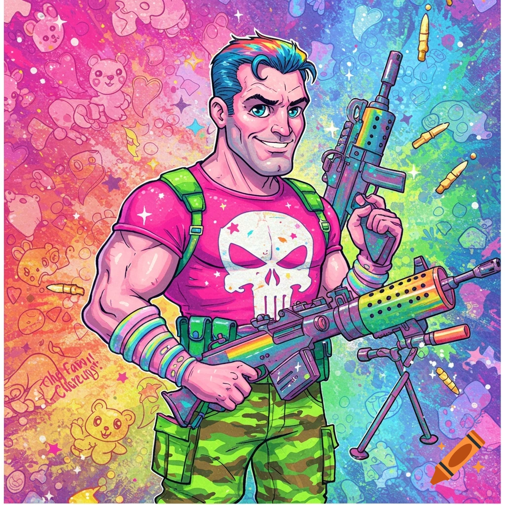 Lisa Frank style Punisher with rainbow guns against a colorful ...