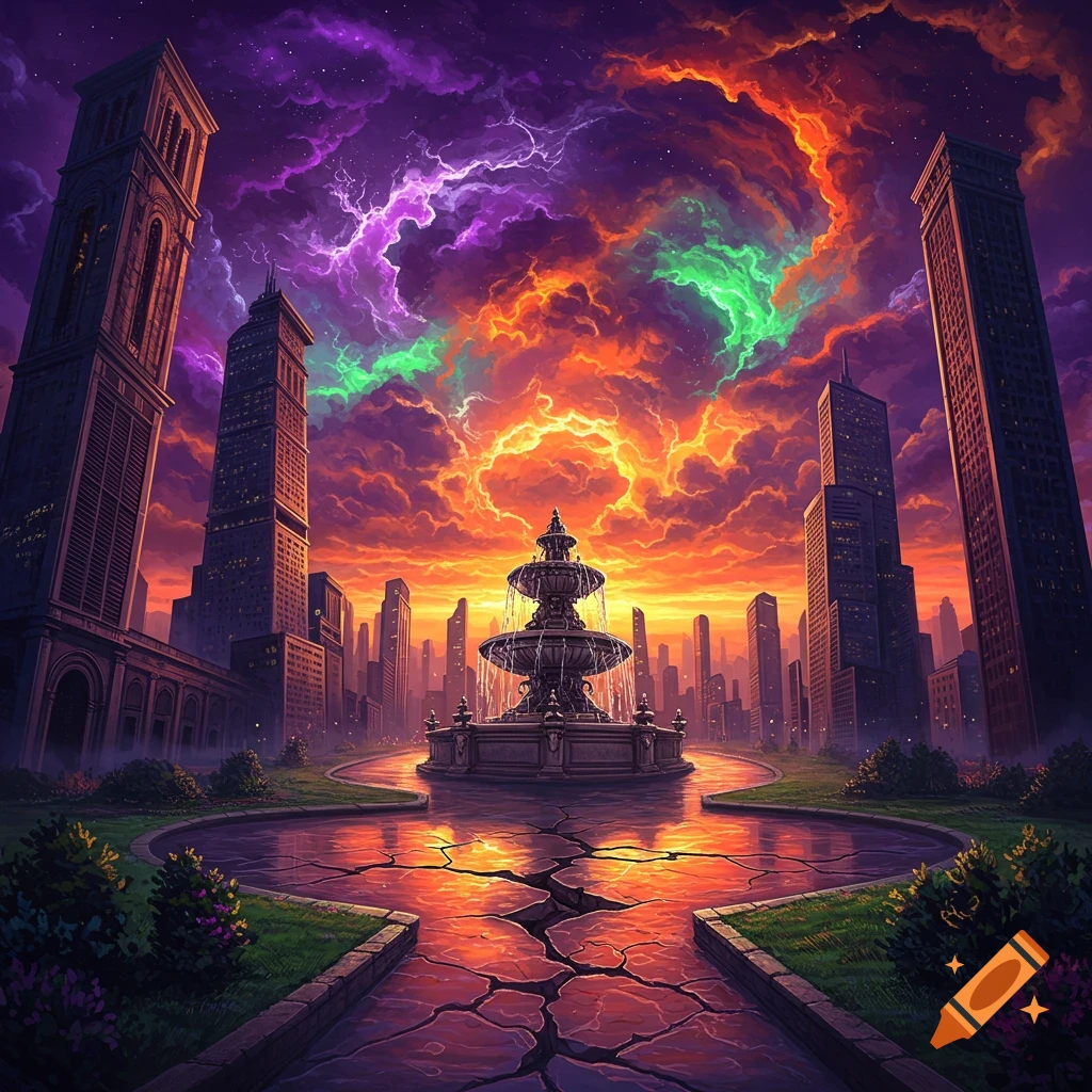 Psychedelic cityscape with fluid, rippling buildings and fractal neon clouds on Craiyon