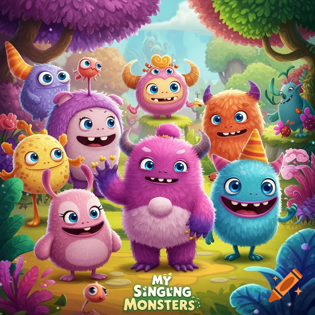 Multiple cheerful cartoon monsters with the My Singing Monsters title. on Craiyon