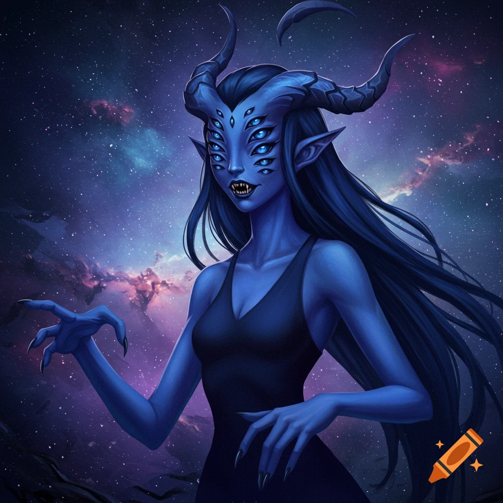 Tall blue alien girl with 15 eyes, sharp teeth, and horns on Craiyon