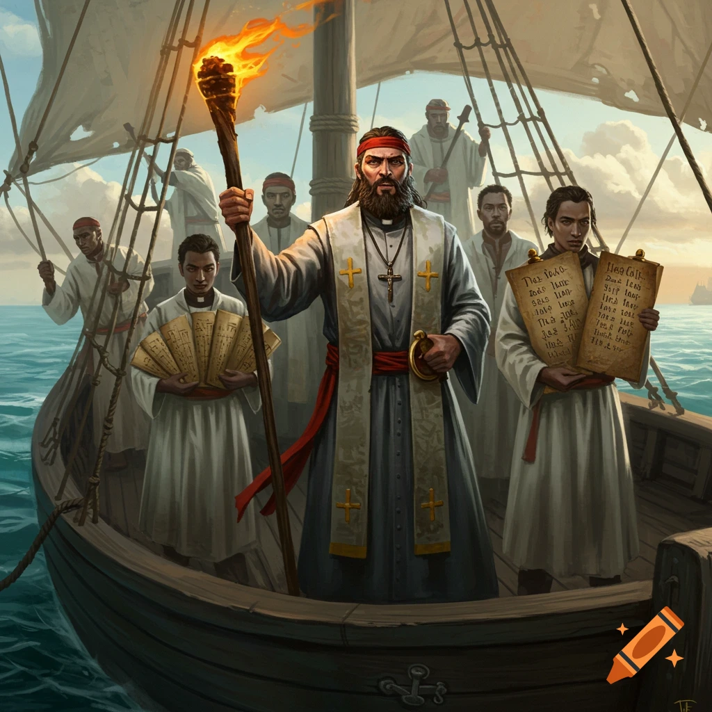 Pirate priest with torch on a catholic boat with clergy on Craiyon