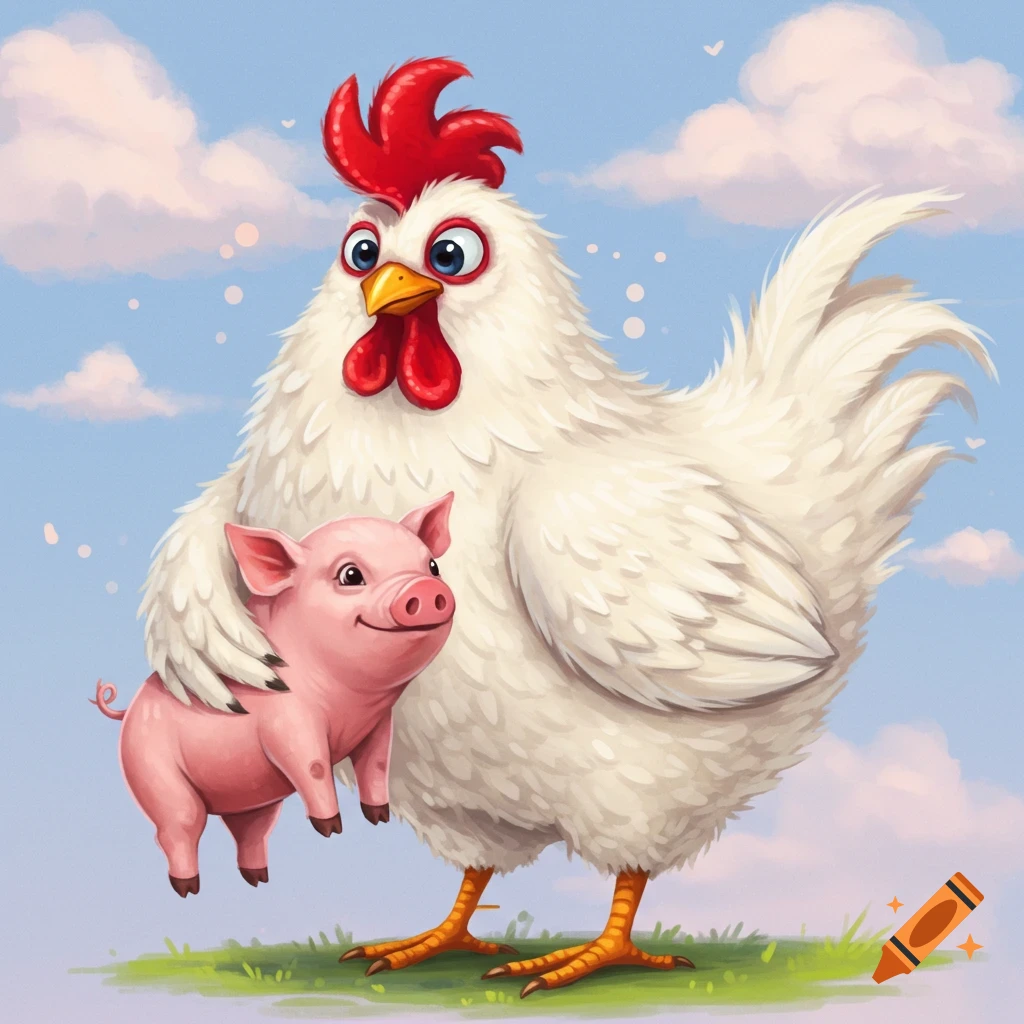 Cute illustration of a panda and a rooster touching noses in a field of ...