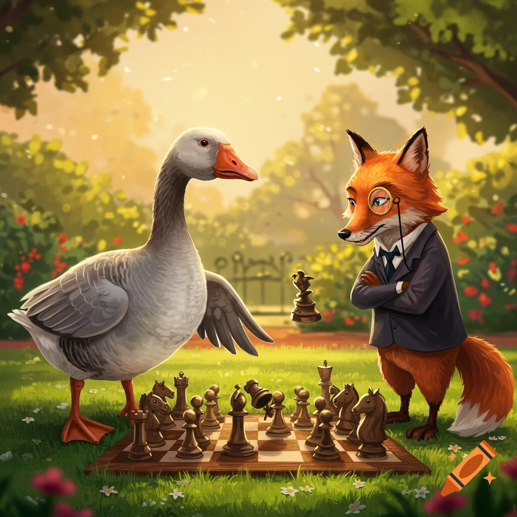 A goose and a fox wearing a suit and monocle play chess outdoors in a ...