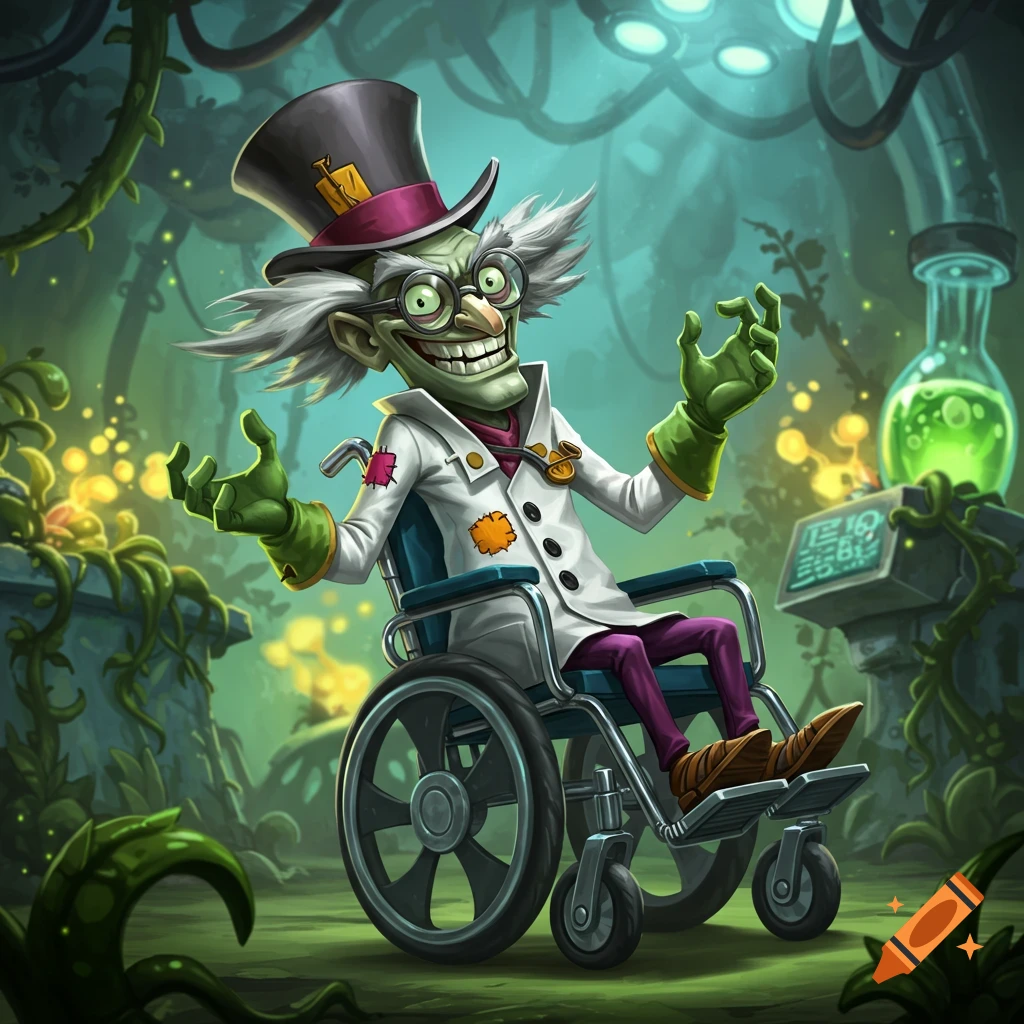 Cartoonish zombie scientist in a wheelchair in a lab. on Craiyon