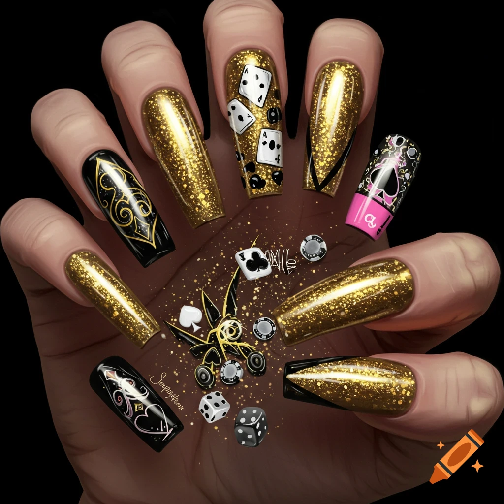 Hands with red and black gothic nails and matching nail polish bottles ...