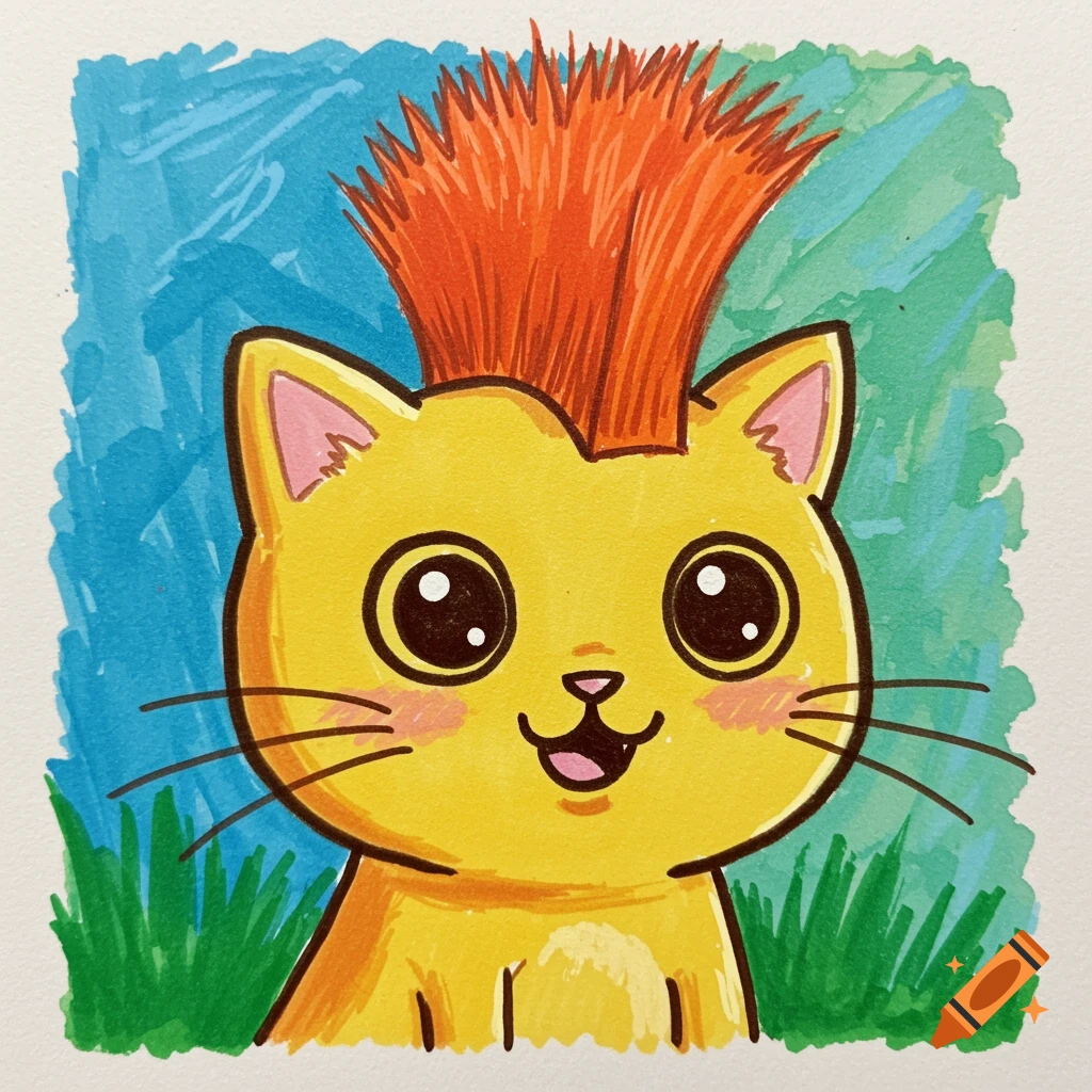 Cartoon drawing of a yellow cat with an orange mohawk on Craiyon