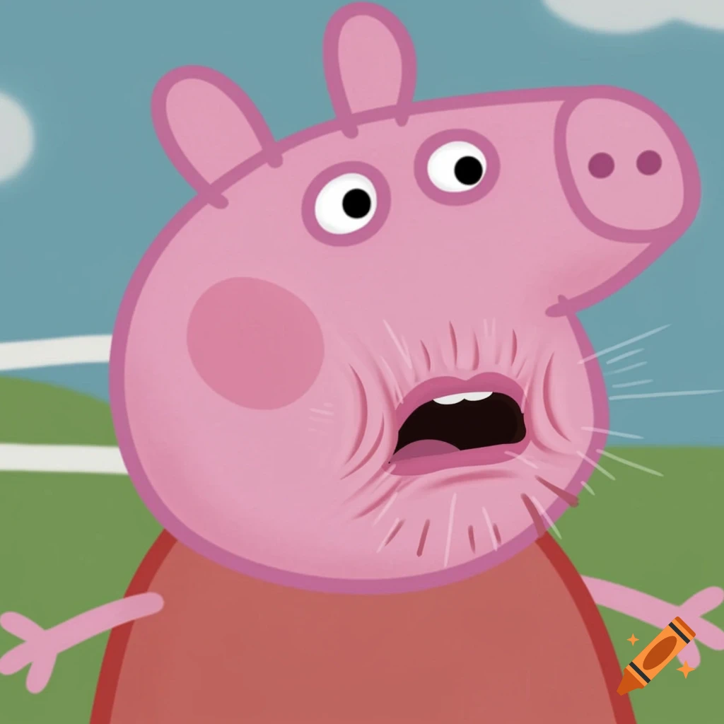 Peppa Pig's face is distorted and stretched with wide eyes and open ...