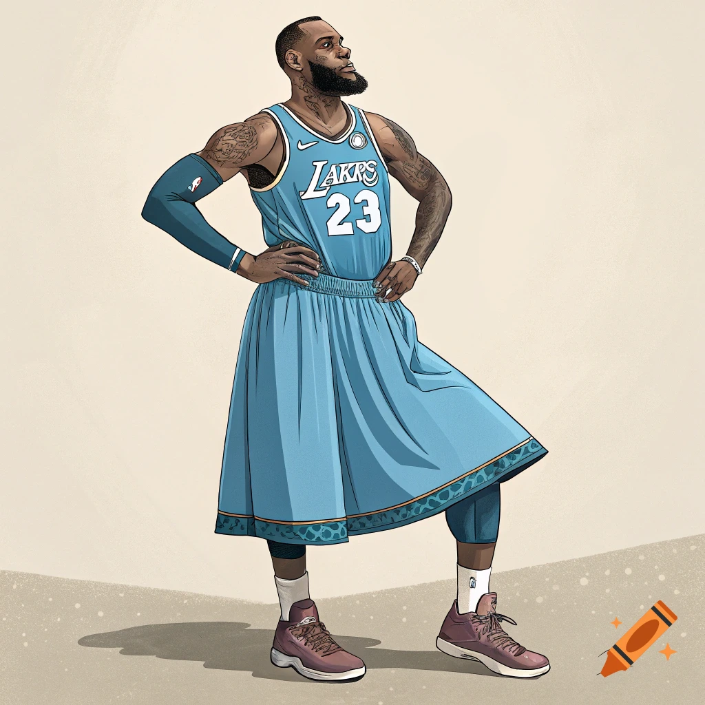 Illustration of LeBron James in a white uniform holding a basketball on Craiyon