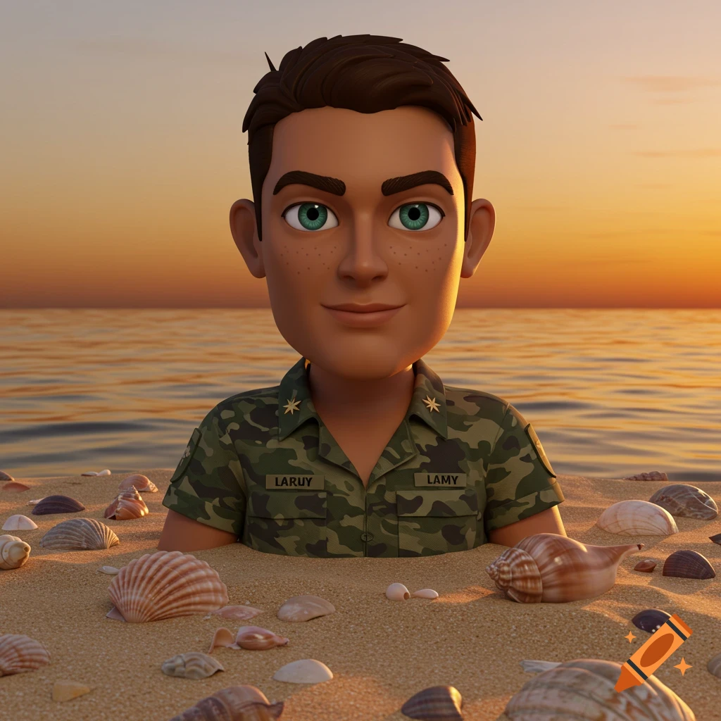 Animated 3D man in military uniform buried in sand on a beach with ...