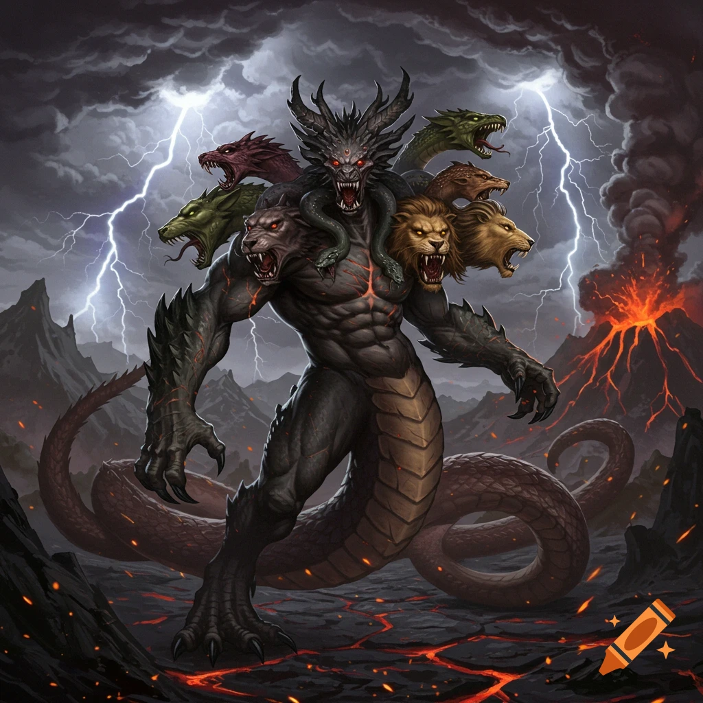 A large dark creature with multiple heads (snake, lion, dragon) stands ...