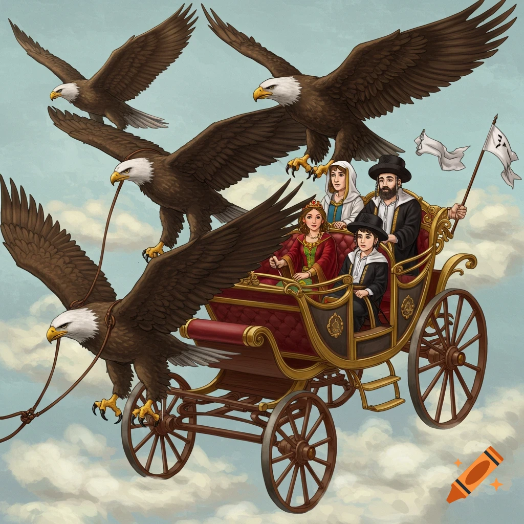 Flying carriage pulled by eagles with a medieval Spanish princess ...