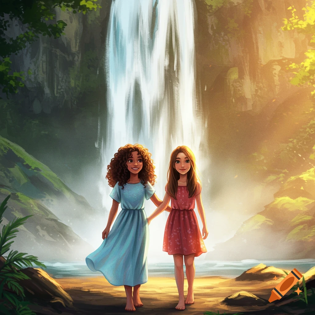 A woman stands under a waterfall in a lush jungle. on Craiyon