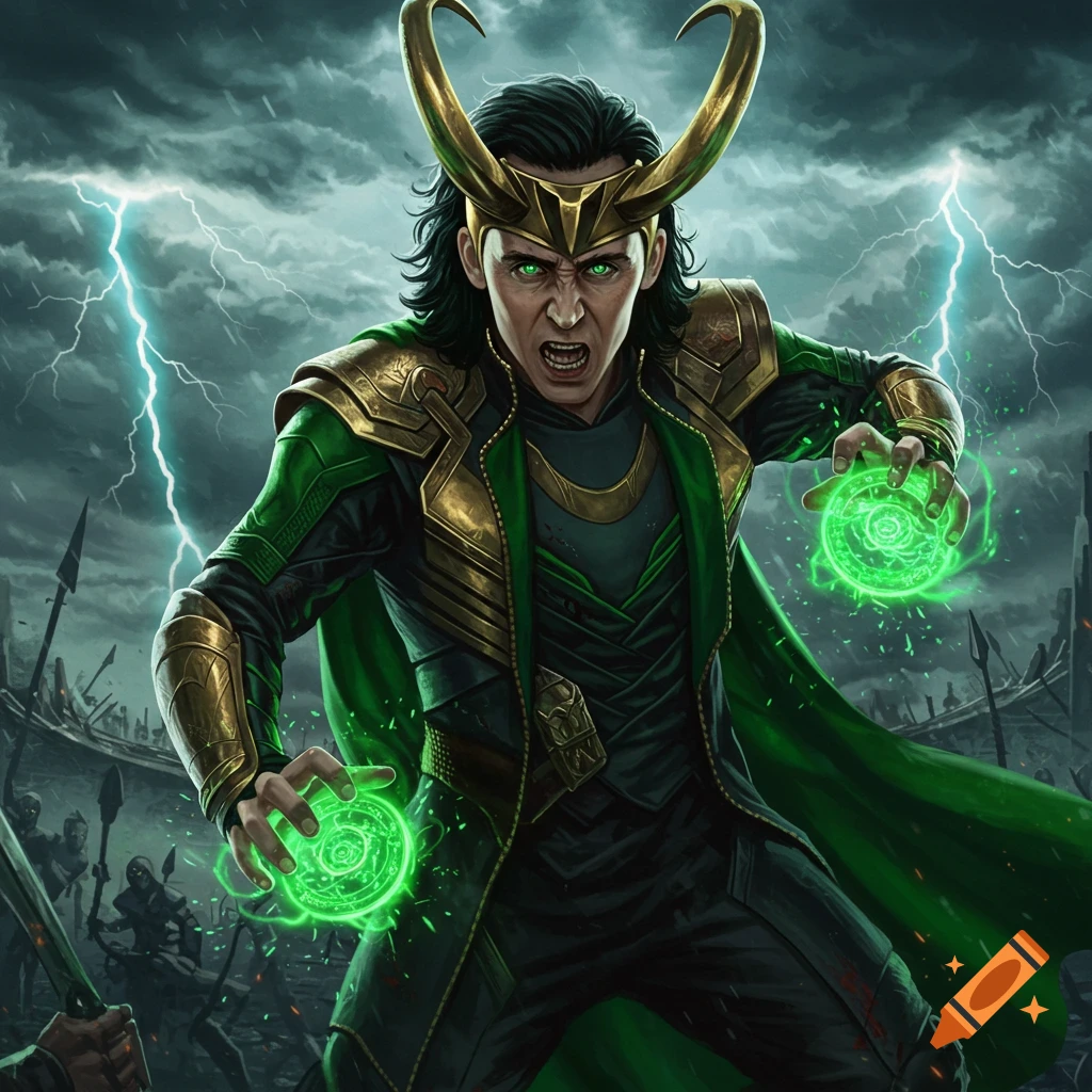 Loki Laufeyson in battle with swirling green and black magic. on Craiyon