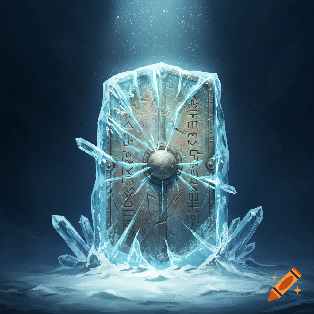 A large shield encased in cracked ice with runes, surrounded by ice ...