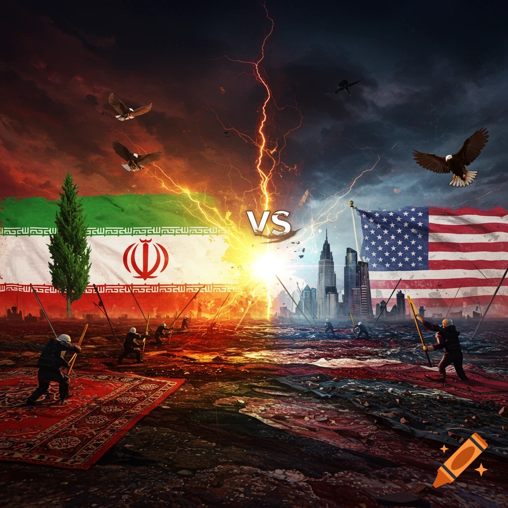 Symbolic battle between Iran and the USA, featuring flags, soldiers ...