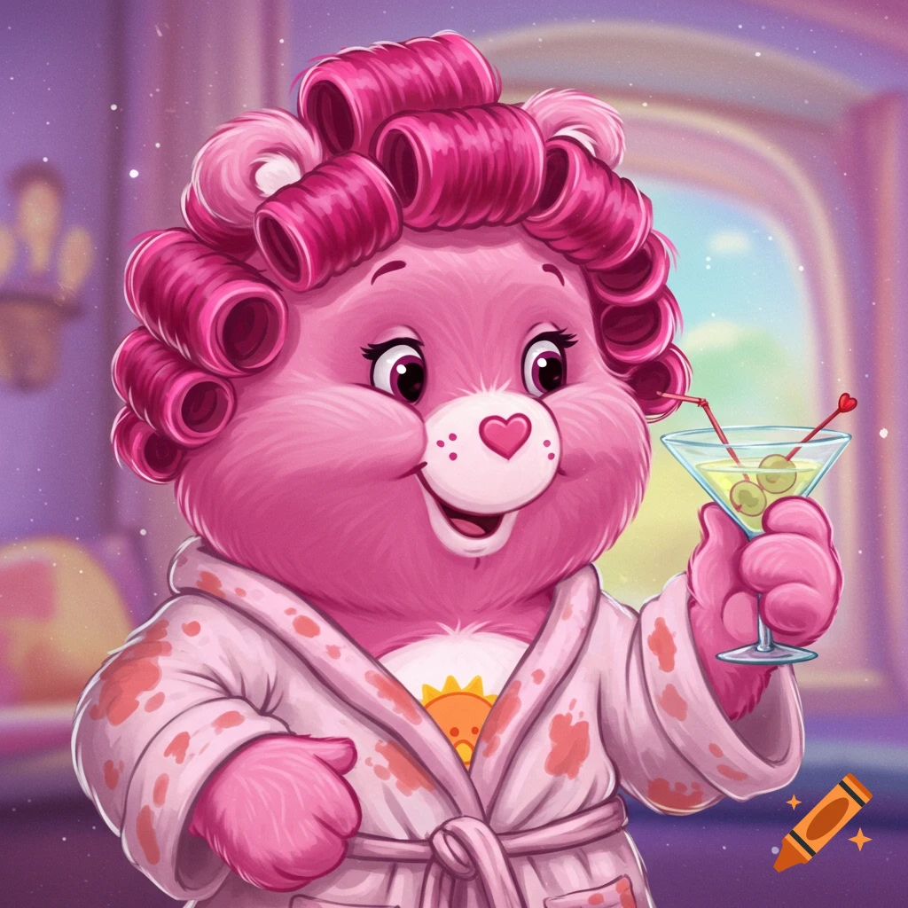 Pink Care Bear in curlers, bathrobe, and martini on Craiyon